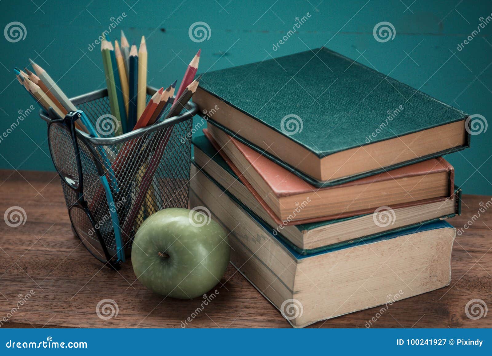 Book with Apple and Pencil Box Stock Image - Image of class, lunch ...