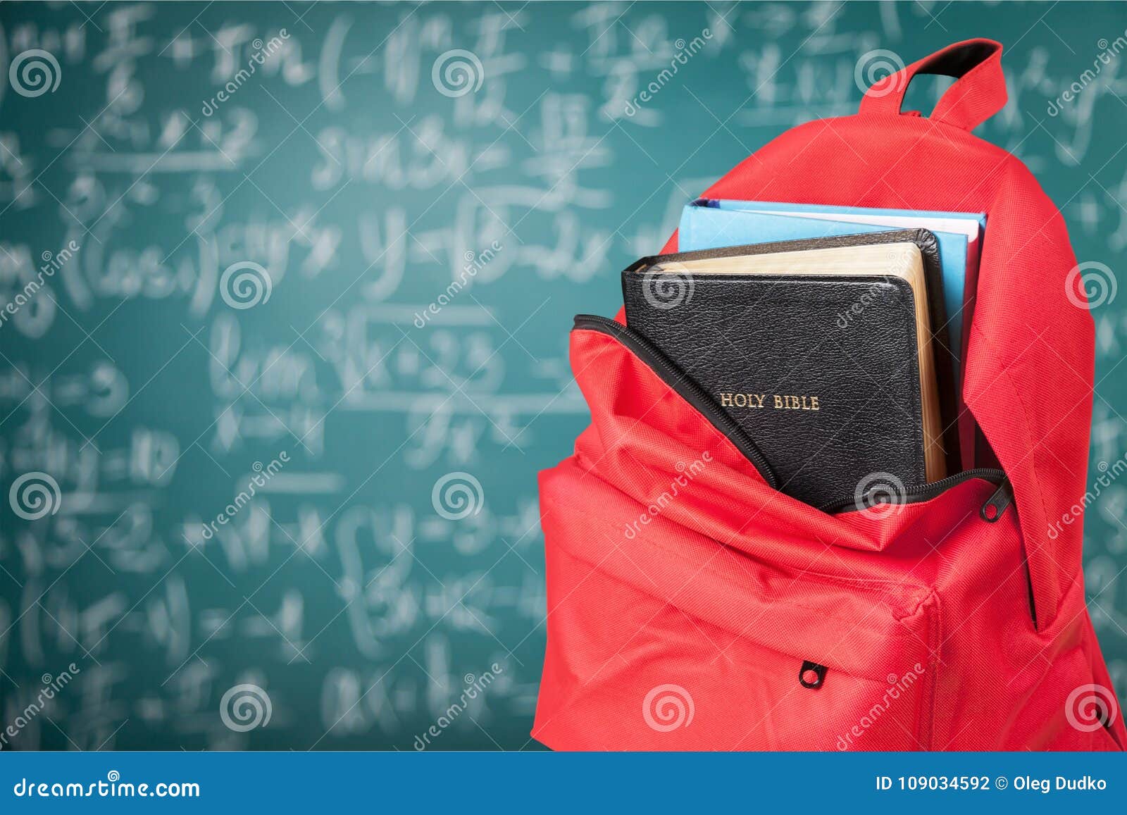 Backpack with Bible Book, Close-up View Stock Photo - Image of black ...