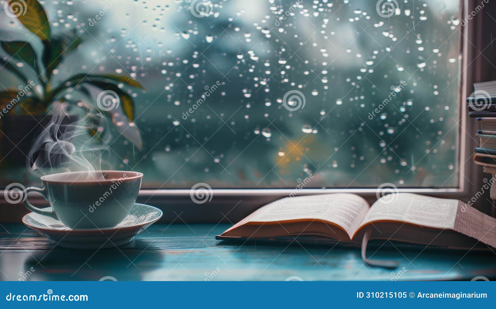 Book and Coffee Cup at Raining Window Concept Stock Illustration ...