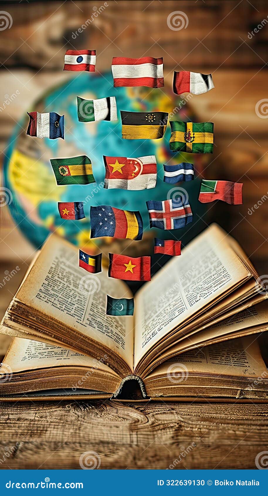 A Book with Flags Emerging, Set Against a Globe in the Backdrop Stock ...
