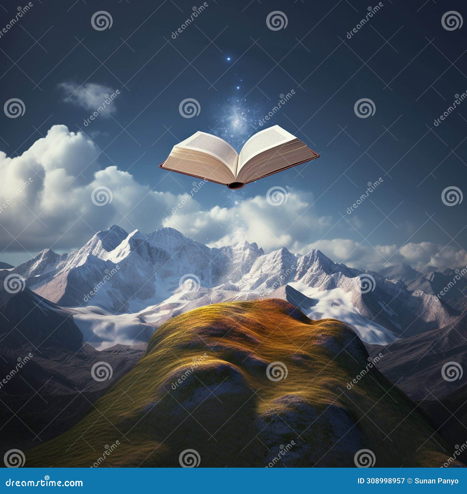 A Book Floating Above a Misty Mountain, Notes and Sports Gear Orbiting ...