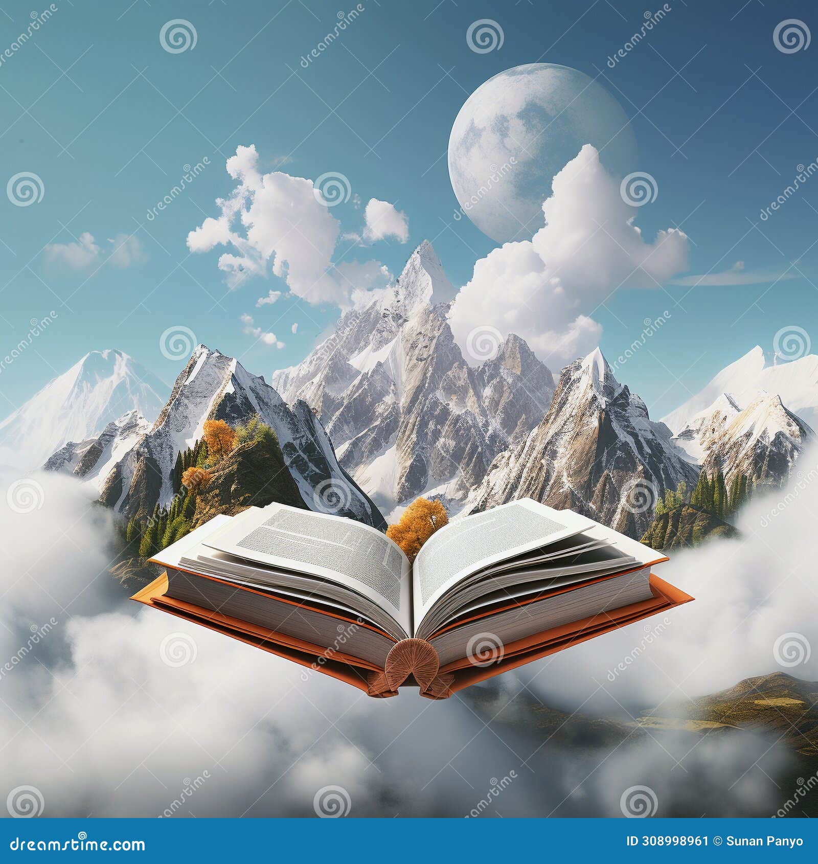 A Book Floating Above a Misty Mountain, Notes and Sports Gear Orbiting ...