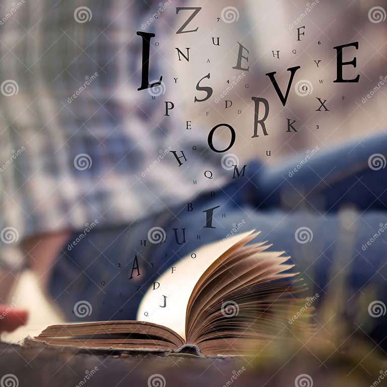 Book with Floating Letters in the Air Stock Photo - Image of pages ...