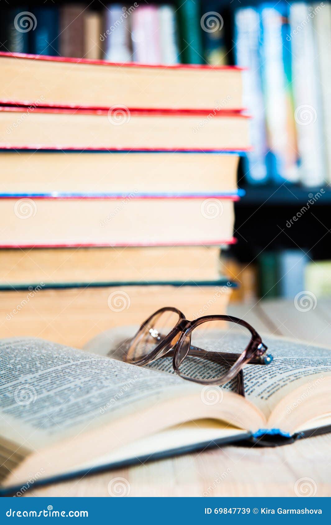 Book and Glasses on Table in Library Stock Image - Image of document ...