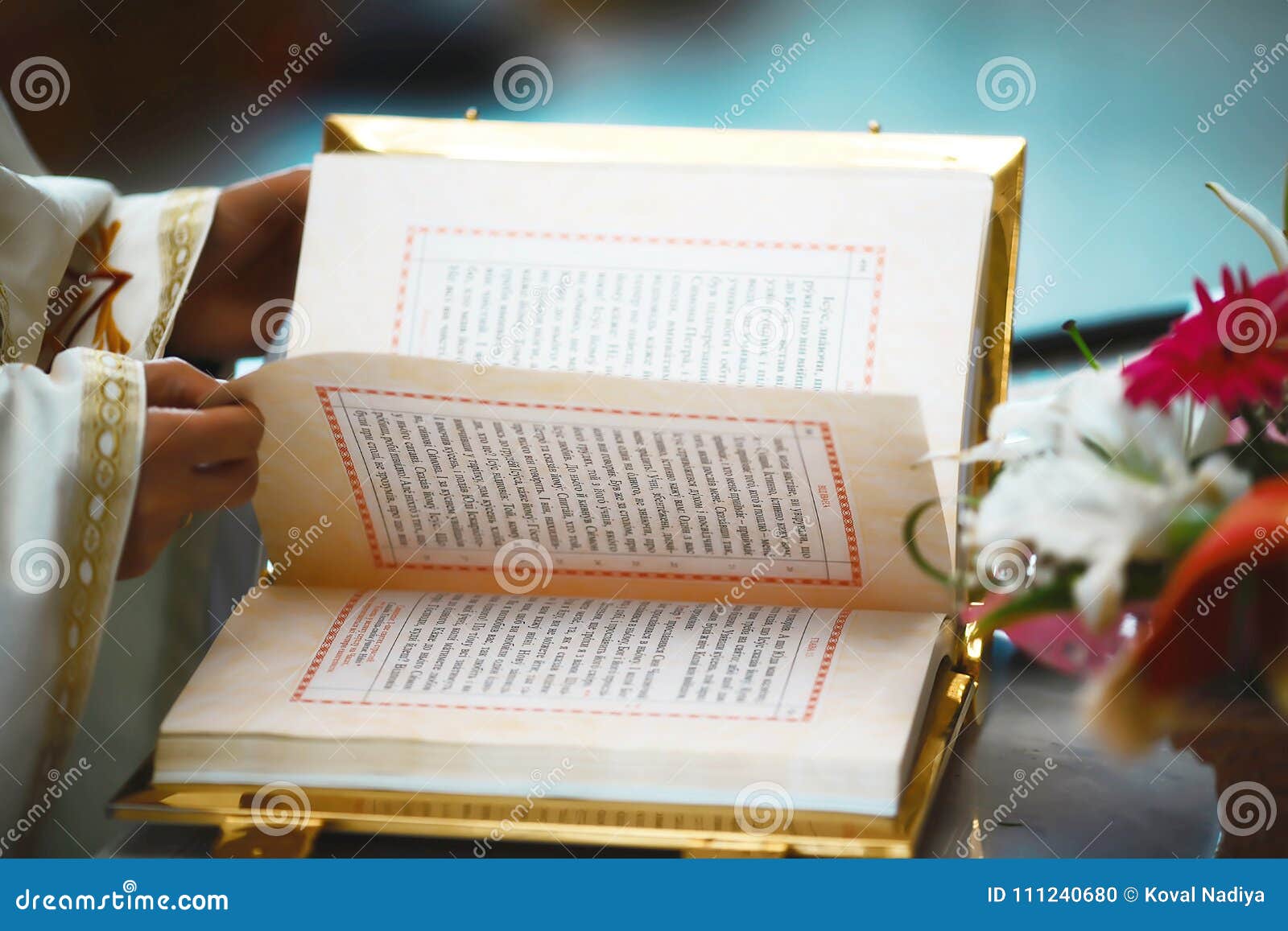 The Book of the Gospel is Open for Reading in the Hands of the Priest ...