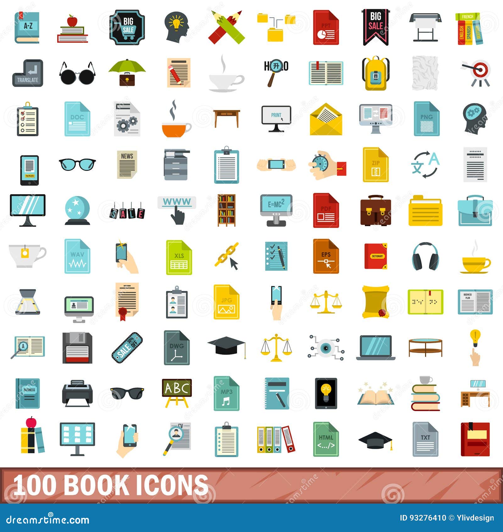 100 Book Icons Set, Flat Style Stock Vector - Illustration of audiobook ...