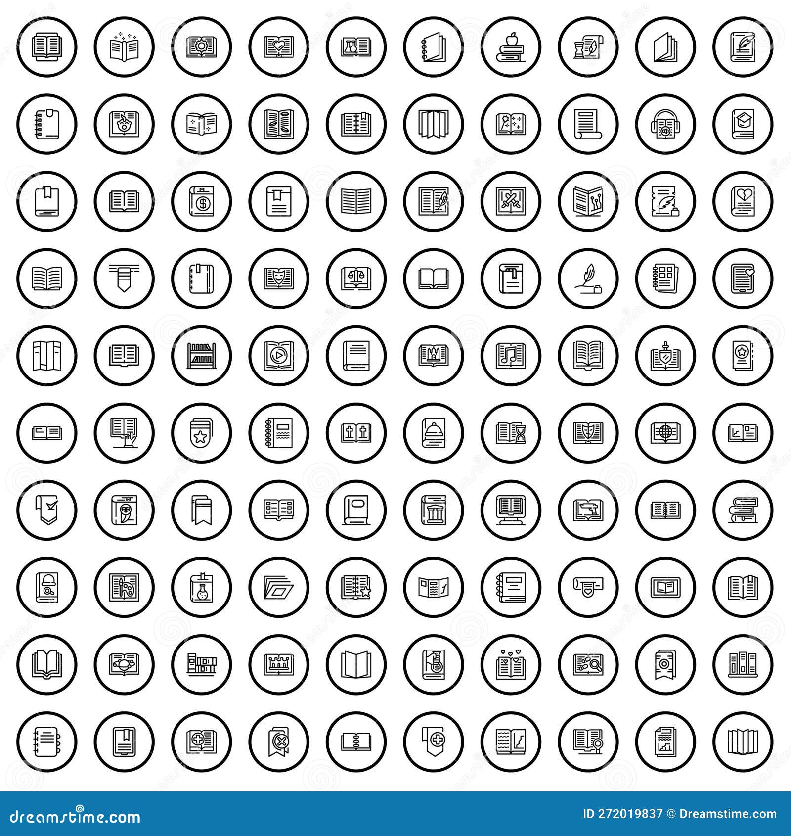 100 Book Icons Set, Outline Style Stock Vector - Illustration of ...