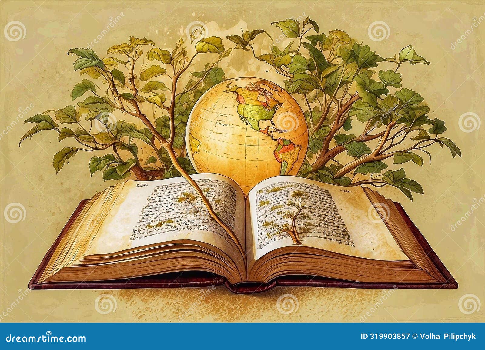 Book of Knowledge, School Textbook with Globe, Tree of Knowledge, Mind ...