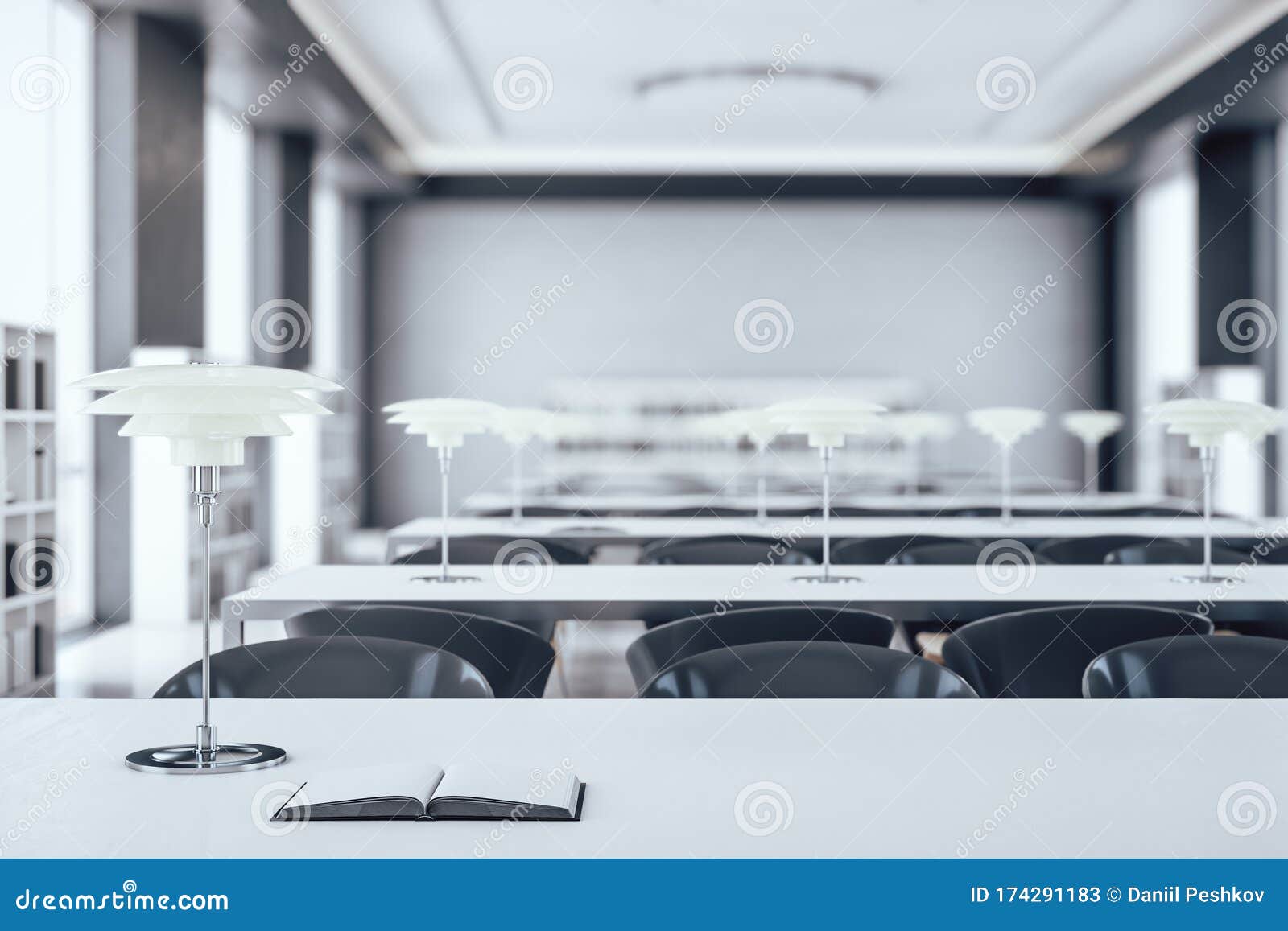 Book and Lamp on Table in in Luxury Library Interior Stock Illustration ...