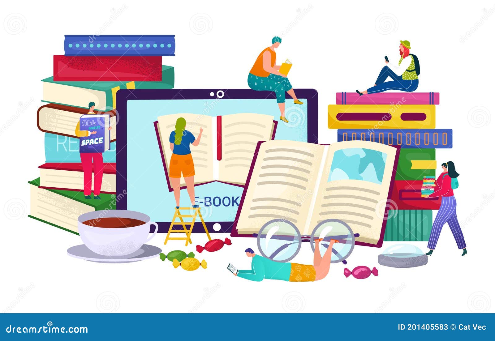 Book Library at Device, Internet Education Concept Vector Illustration ...