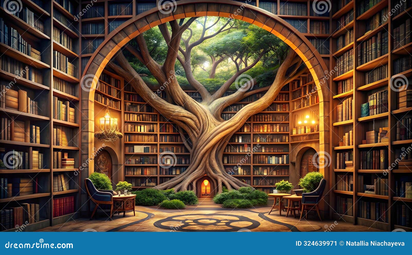 Book Library Interior with Tree and Bookshelf. 3D Rendering Stock ...