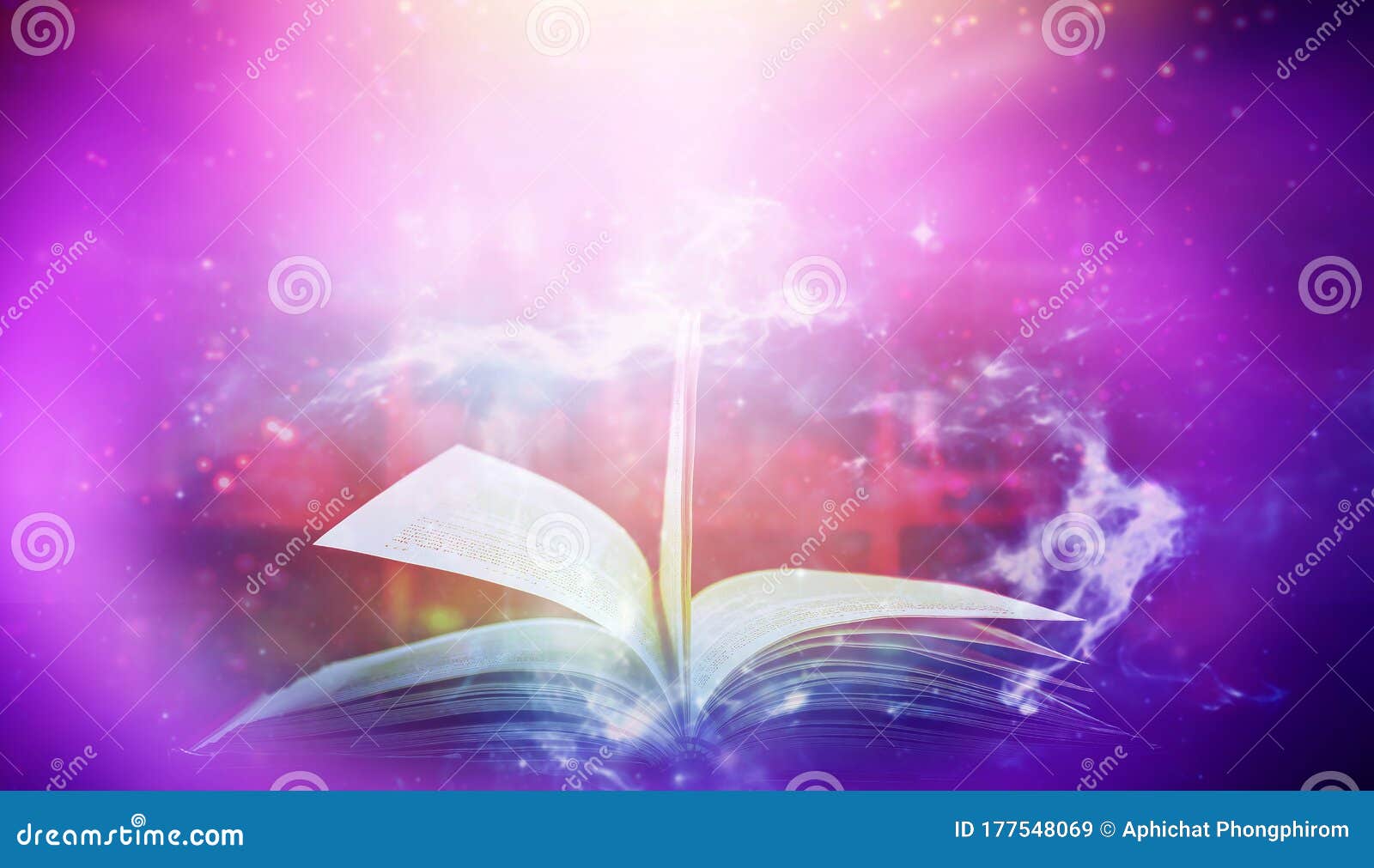 Book in Library with Old Open Textbook, Stack Abstract, Magic Book ...