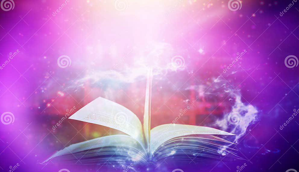 Book in Library with Old Open Textbook, Stack Abstract, Magic Book ...