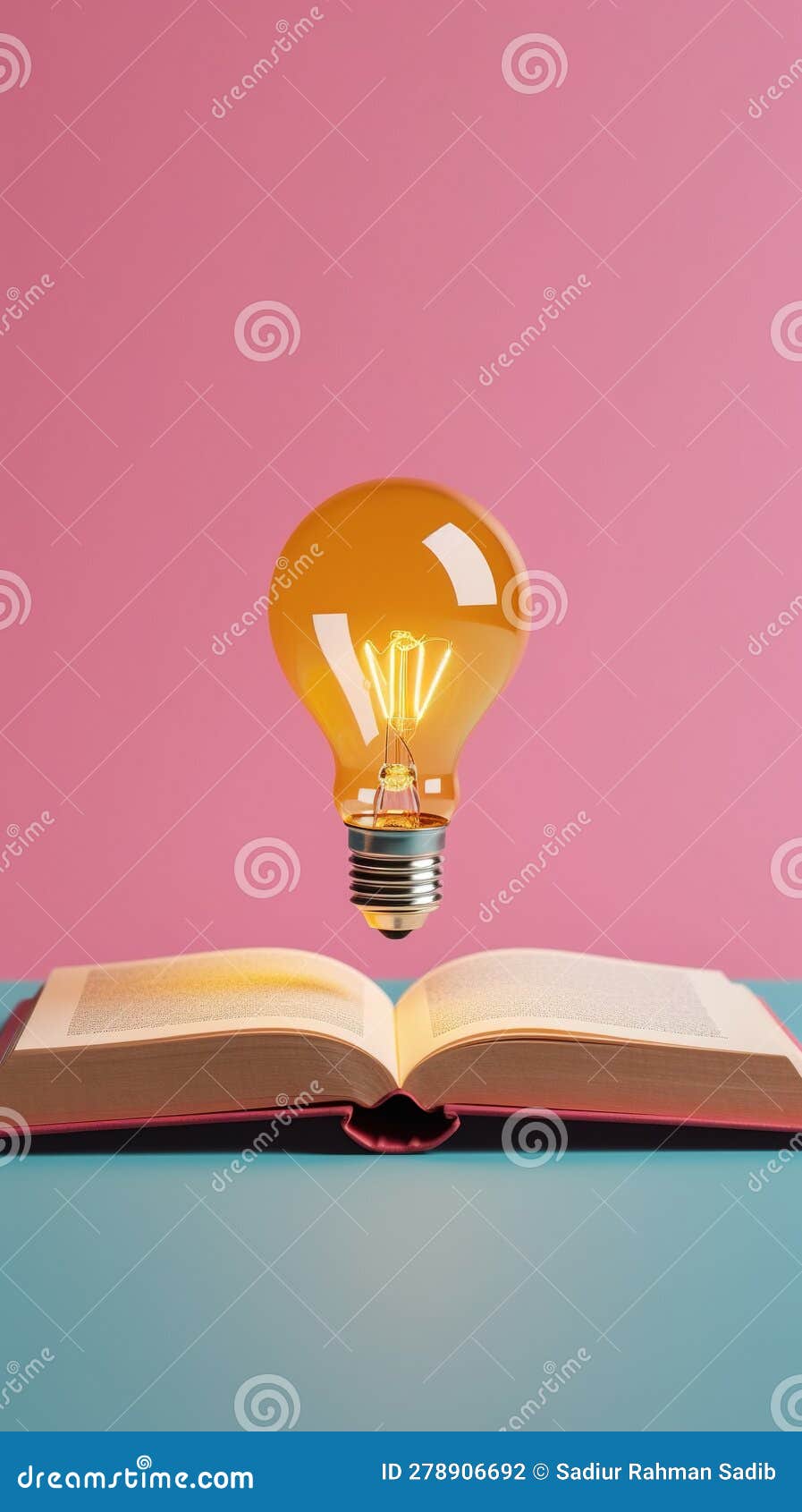 Book with Light Bulb. Lightbulb Floating from Open Book on Solid Color ...