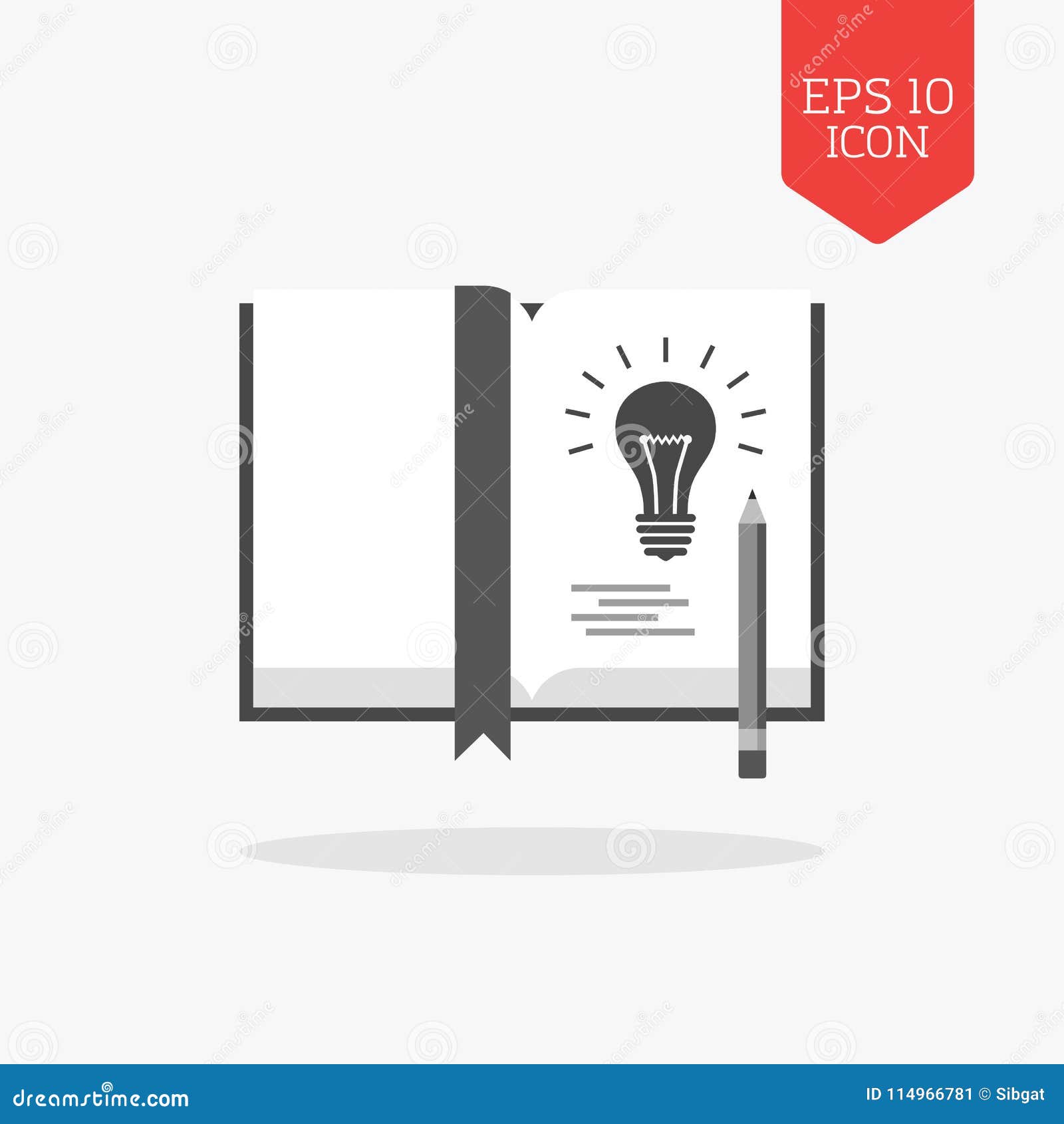 Book with Lightbulb, Note the Idea Concept Icon. Flat Design Gray Color ...