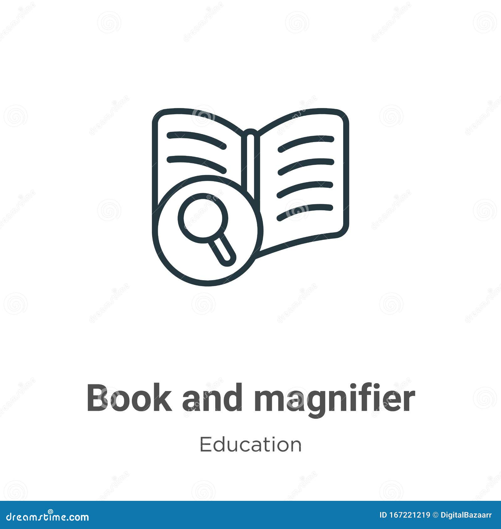 Book and Magnifier Outline Vector Icon. Thin Line Black Book and ...