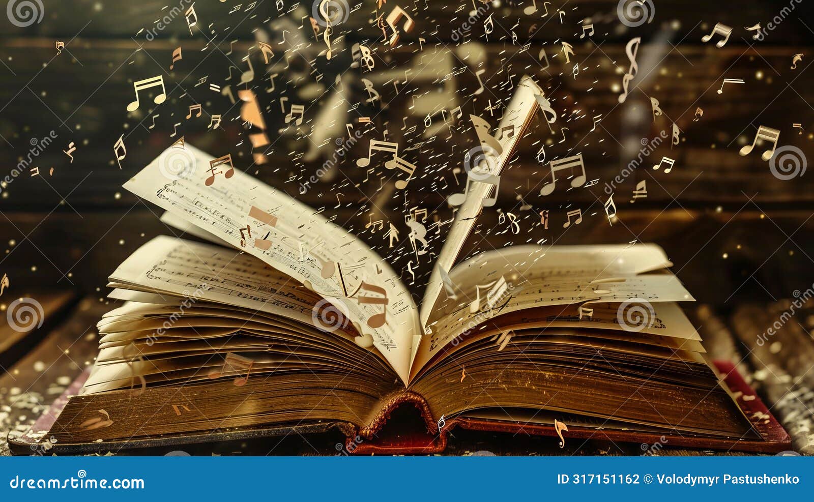 A Book with Music Notes Flying Out of it Stock Photo - Image of floor ...