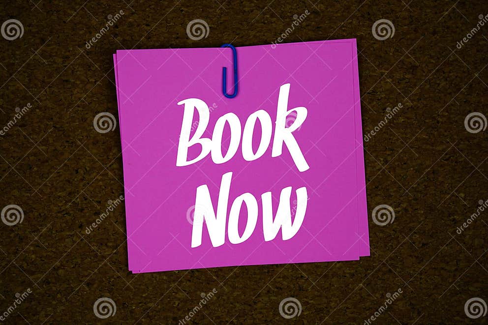 Book Now Text Message on Stick Note on Cork Paper Background Stock ...