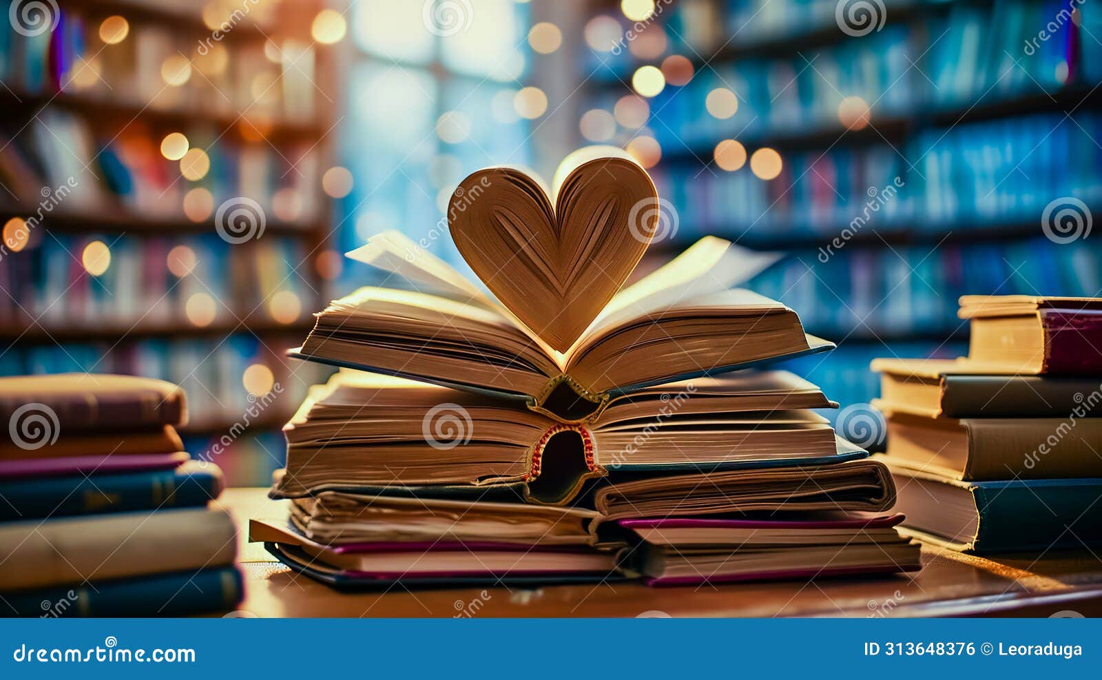Book with Open Page of Literature in Heart Shape and Stack Piles of ...