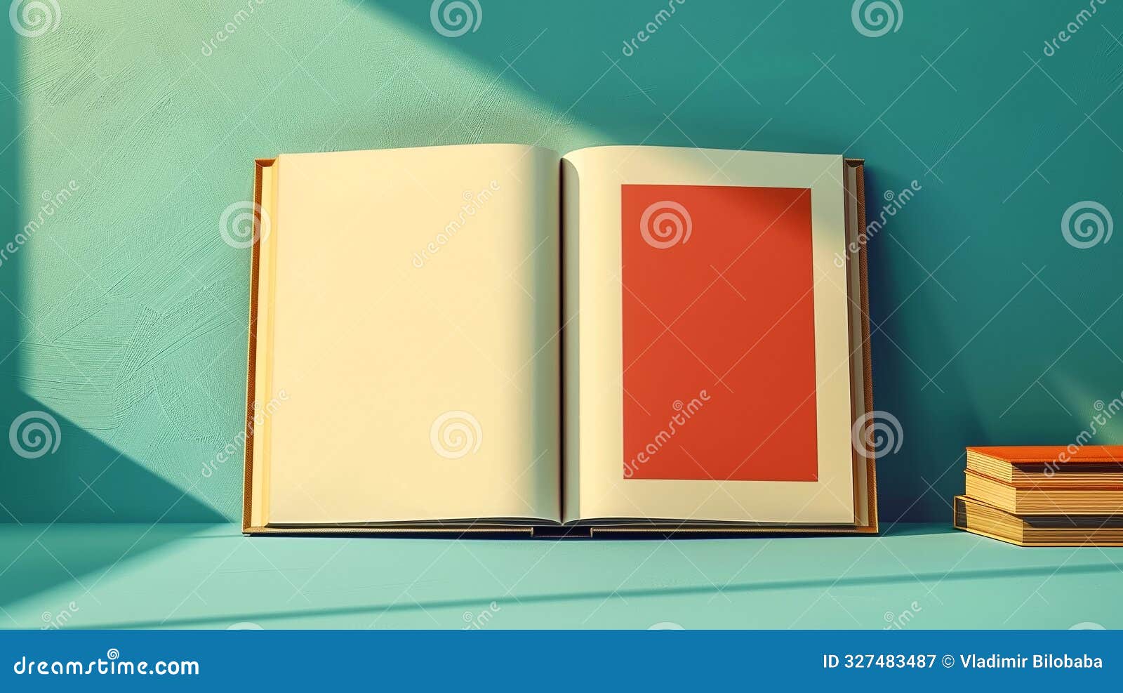 Open Book with Red Page on Teal Surface in Sunlight Stock Illustration ...