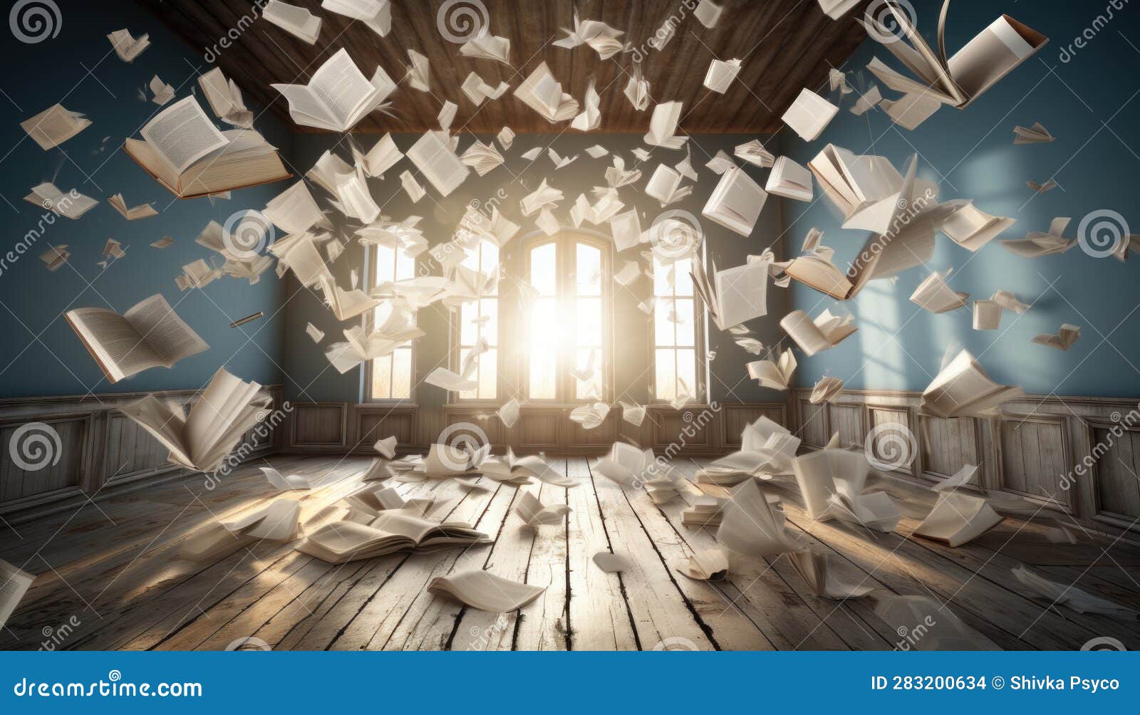 Book Pages Falling Around in the Empty Room Stock Illustration ...