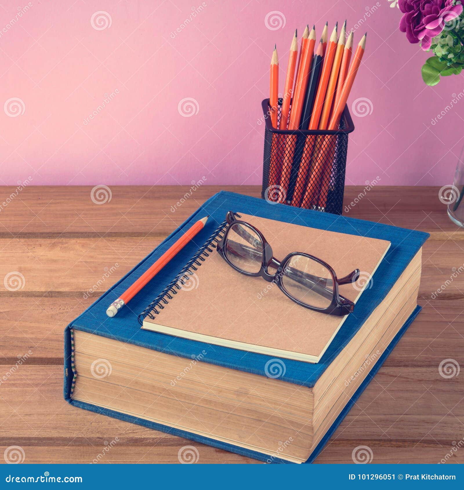Book and Pencil Note on Wood Table Stock Image - Image of design, blue ...