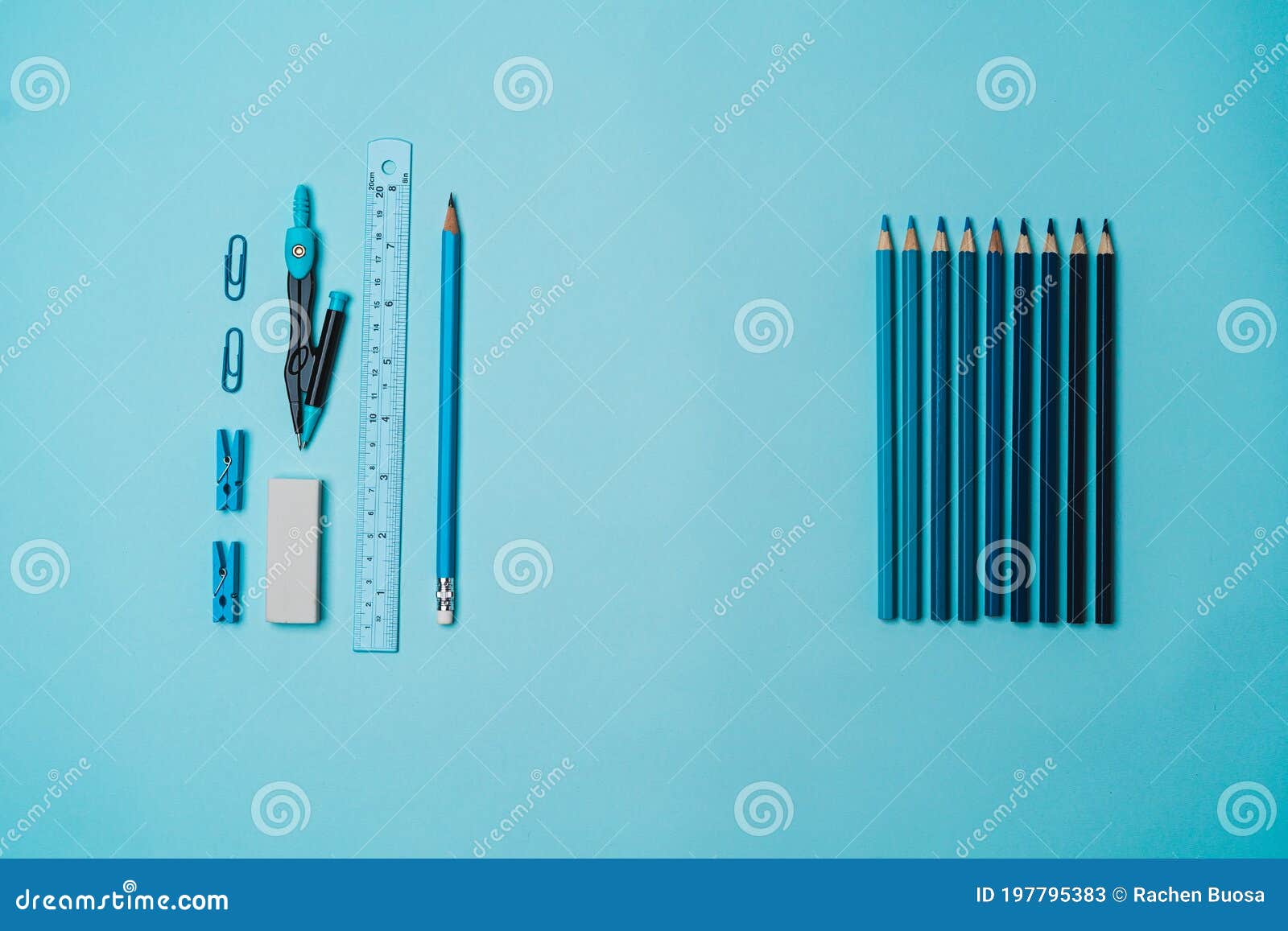 Book, Pencil, Ruler on a Blue Background Stock Image - Image of concept ...
