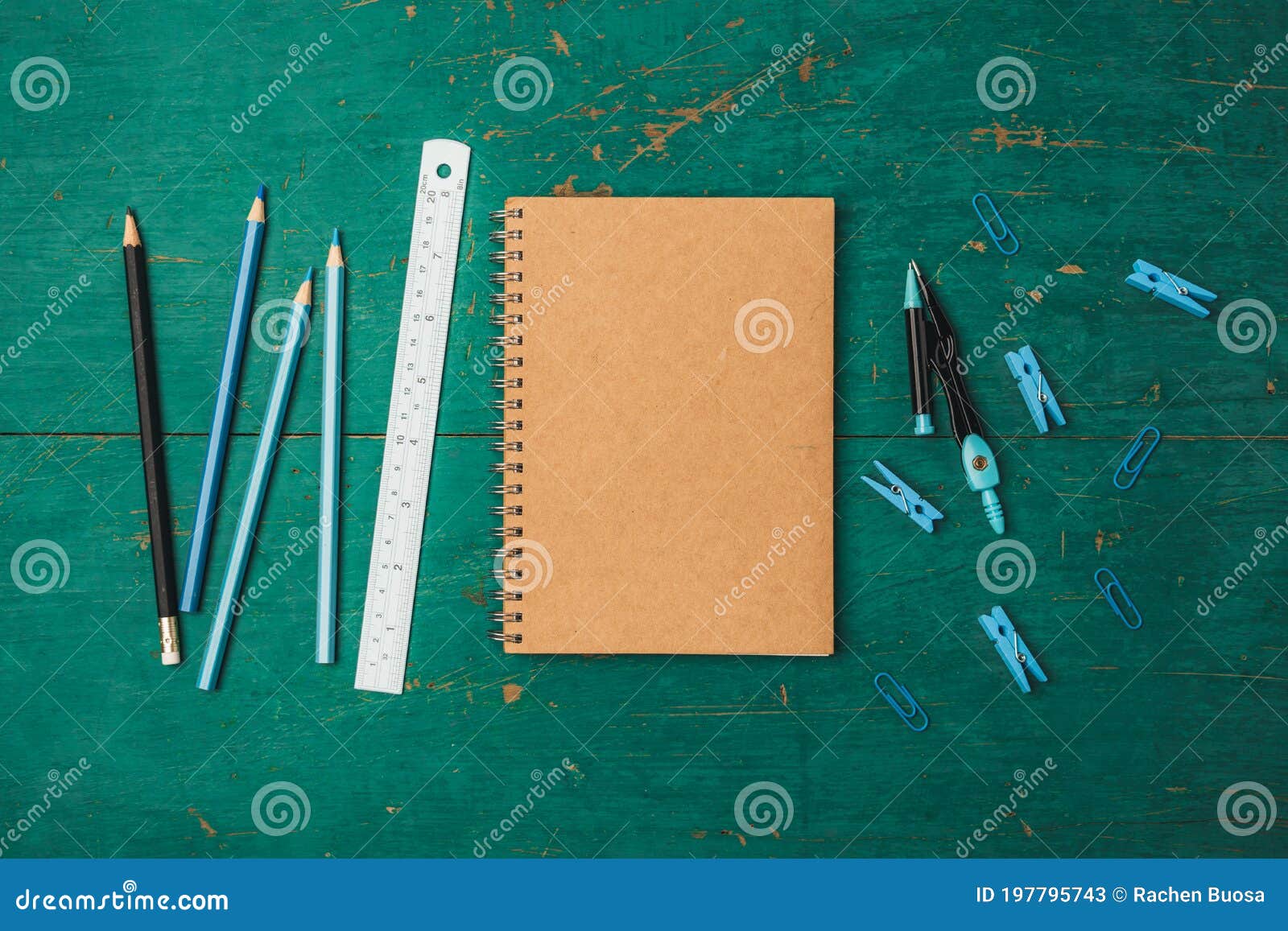 Book, Pencil, Ruler on the Green Wood Study Table Stock Image - Image ...