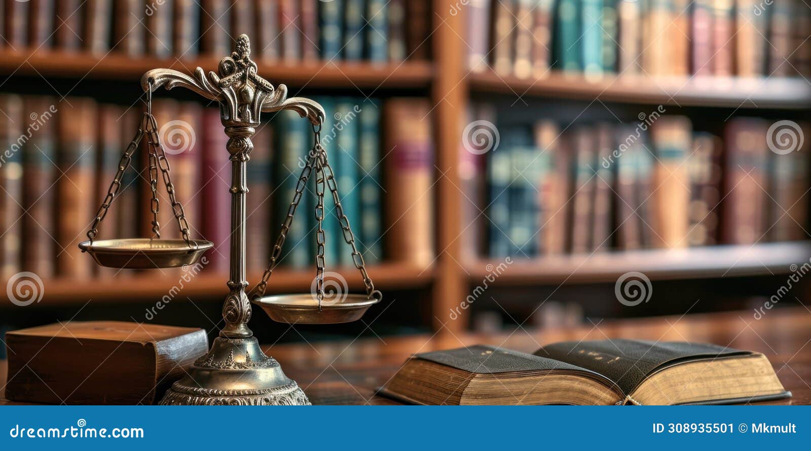 Book and Scale on Table in Front of Bookshelf Stock Image - Image of ...