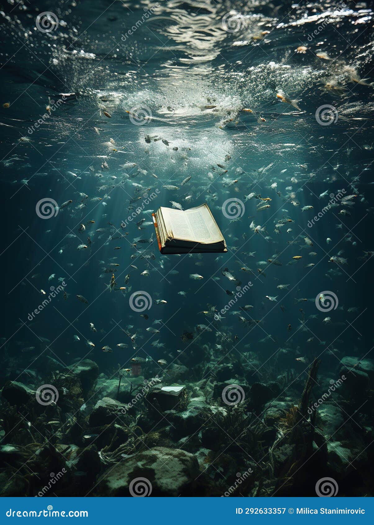 Ocean Depths, Scuba Diver Explores, Fish Shoal Dance Surrounds Stock ...