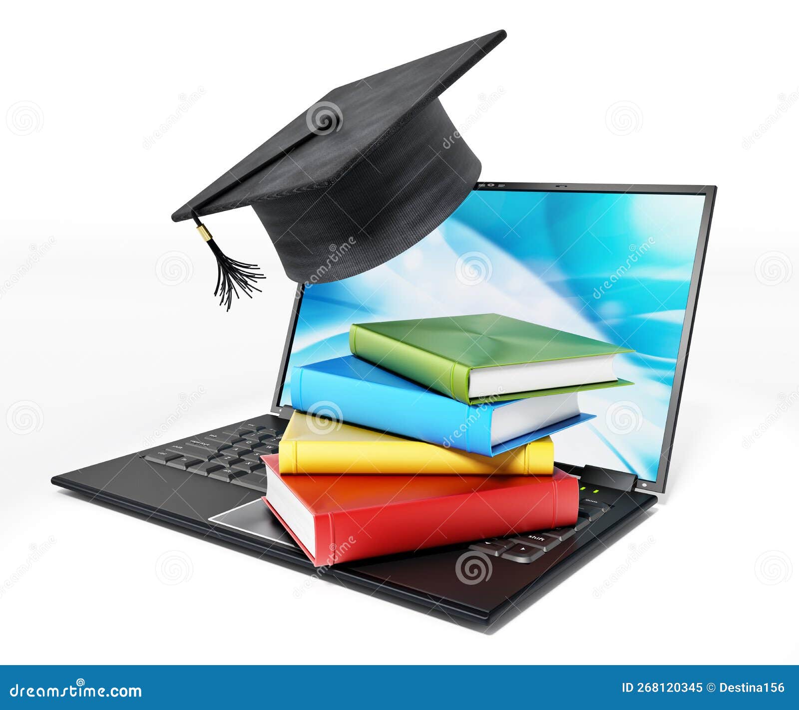 Book Stack and Graduation Cap on Laptop Computer Isolated on White ...