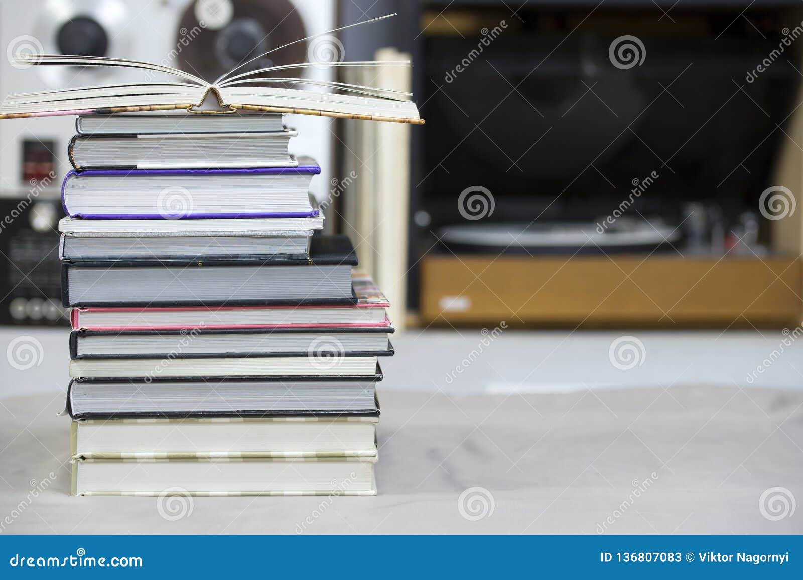 Book, Stack of Hardback Books on Table. Top View. Stock Image - Image ...