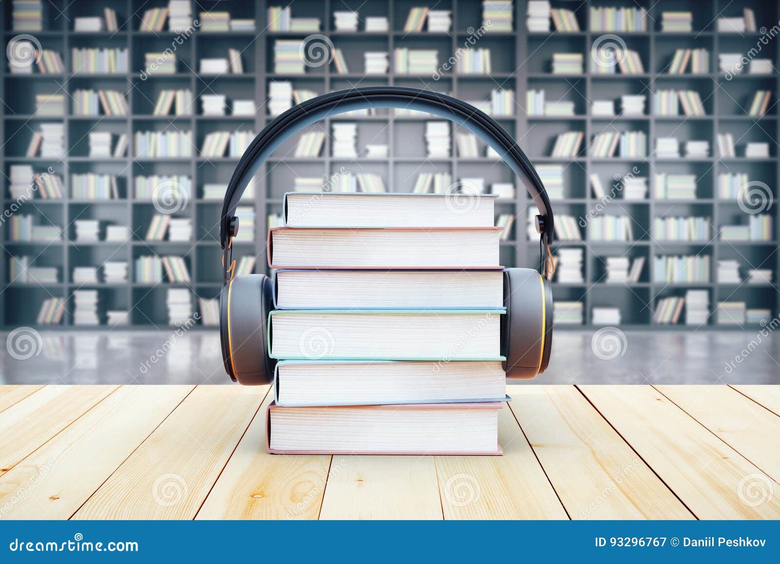 Book Stack with Headphones in Library Stock Illustration - Illustration ...