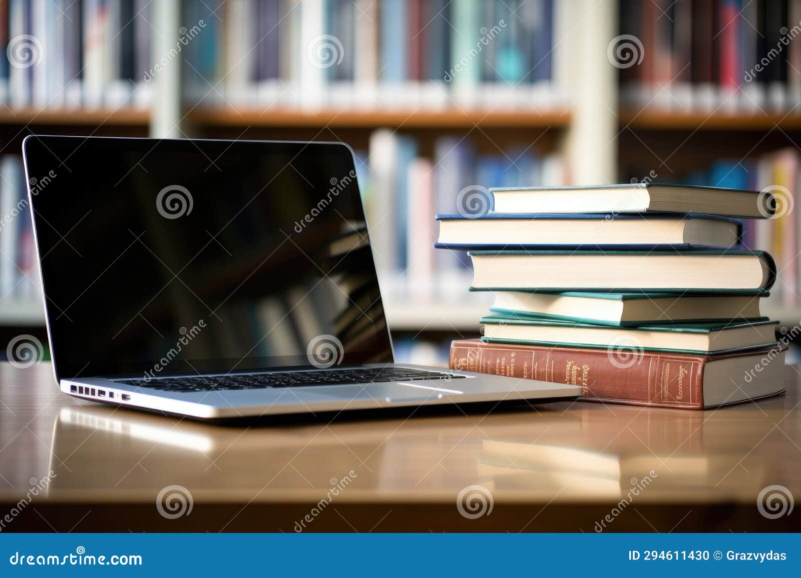 Book Stack and Laptop Computer on a Desk in Library Room with Blurred ...