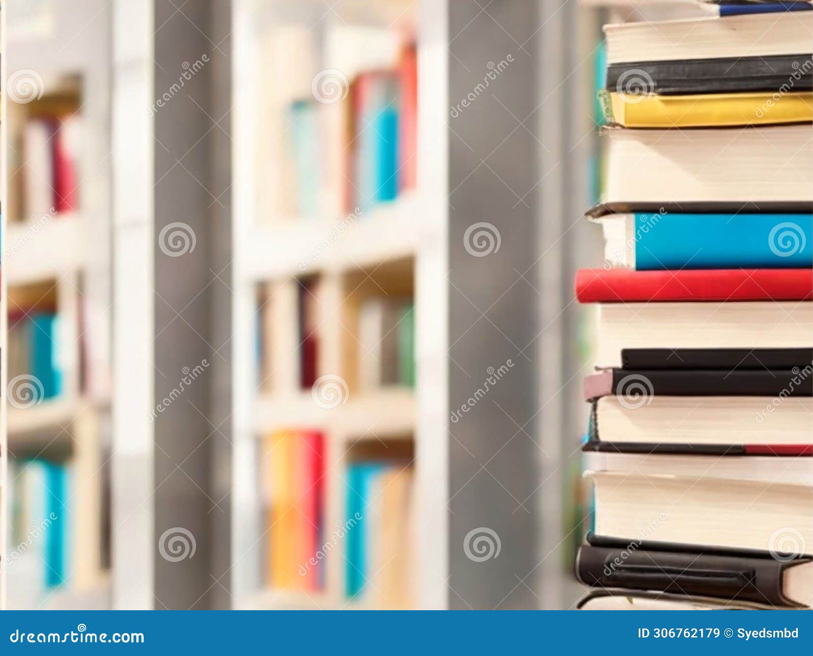Book Stack in the Library Room and Blurred Bookshelf Background for ...