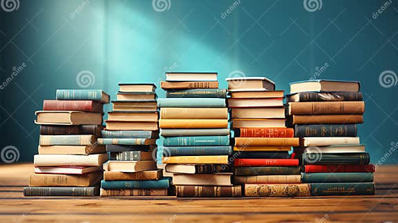 Book Stacking. Open Book, Hardback Books on Wooden Table and Blue Stock ...