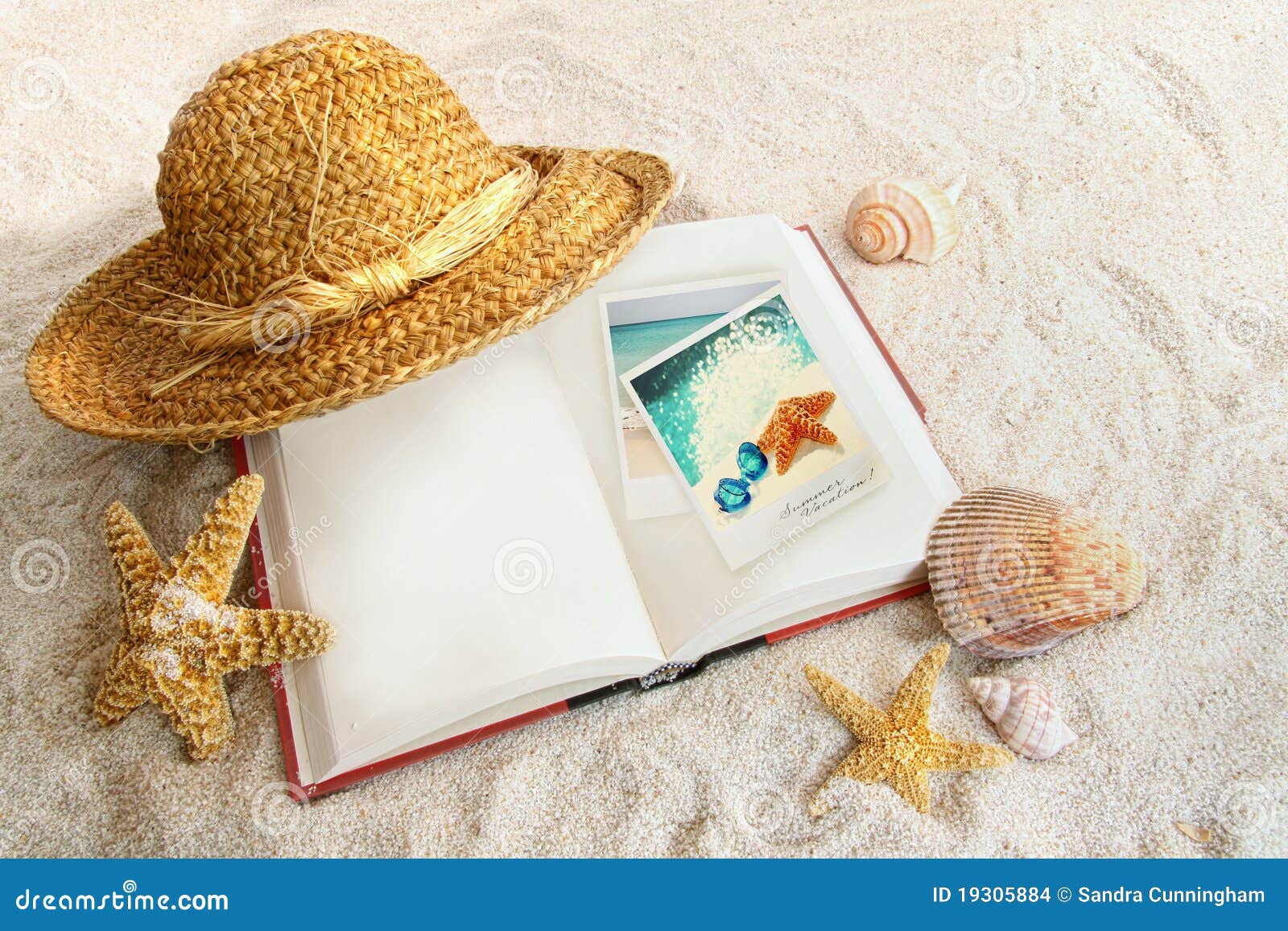 Book with Straw Hat and Seashells in Sand Stock Photo - Image of brown ...
