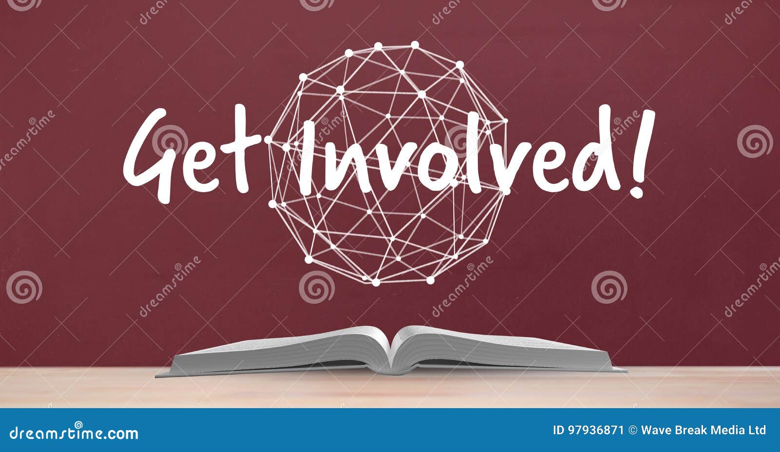 Book on the Table Against Red Blackboard with Get Involved Text and ...