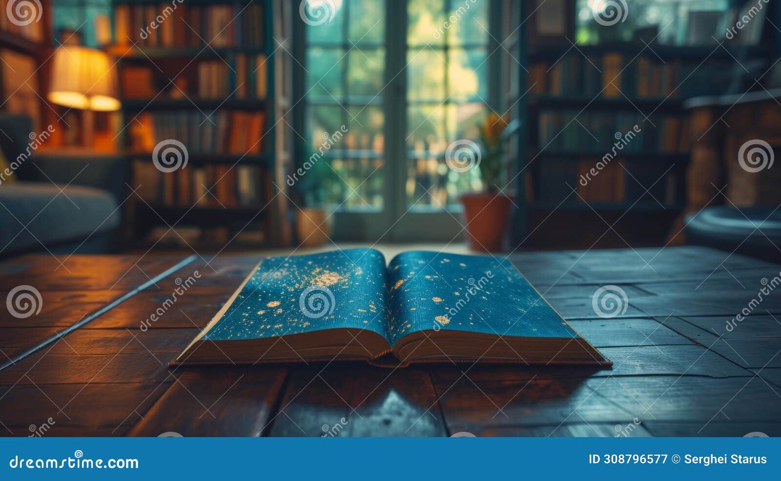 A Book on a Table in Front of Bookshelves, AI Stock Image - Image of ...