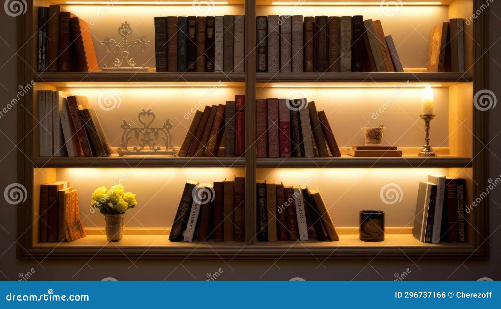 Bookcase with Books and Lights Stock Photo - Image of light, indoors ...