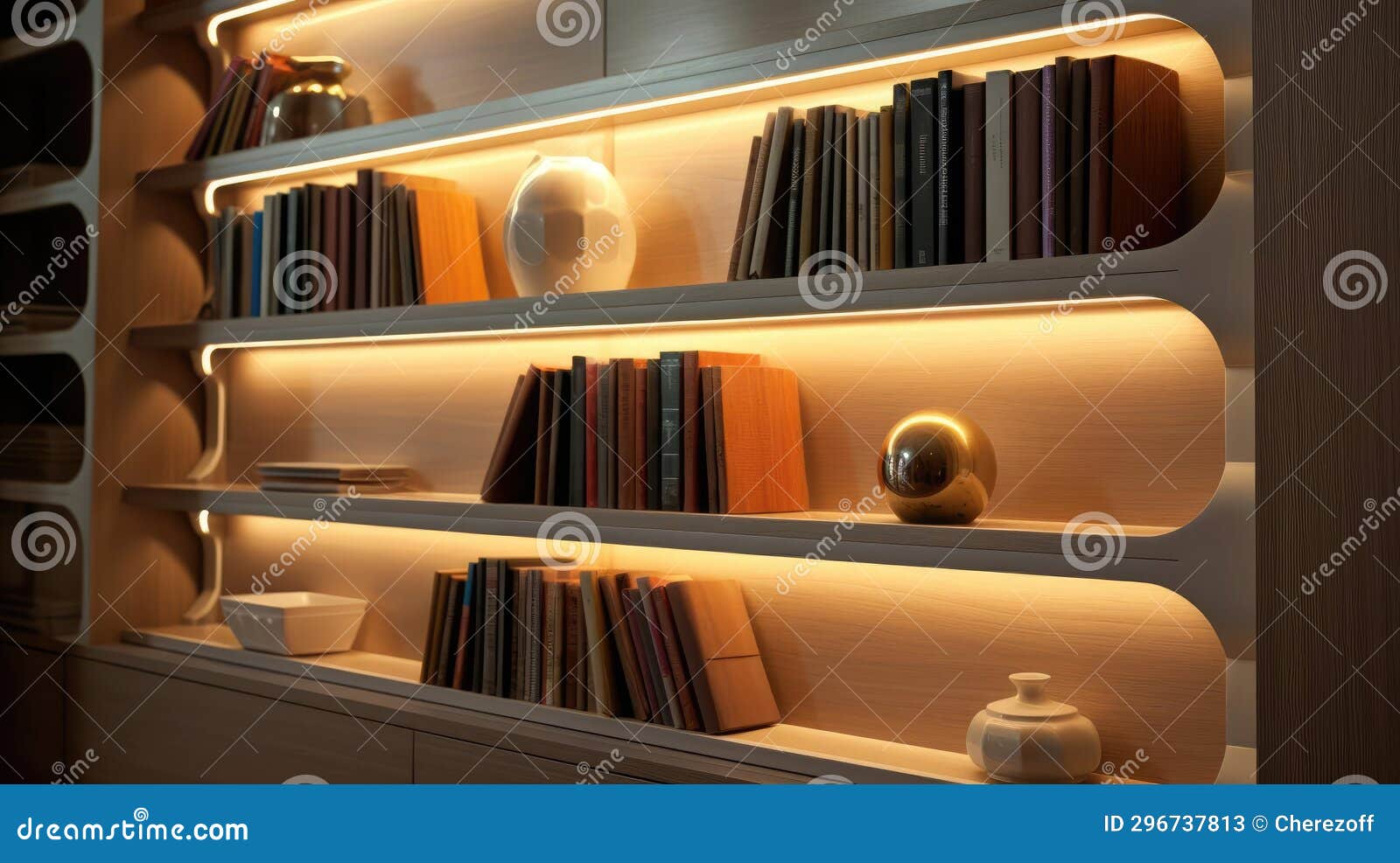 Bookcase with Books and Lights Stock Image - Image of decor, storage ...