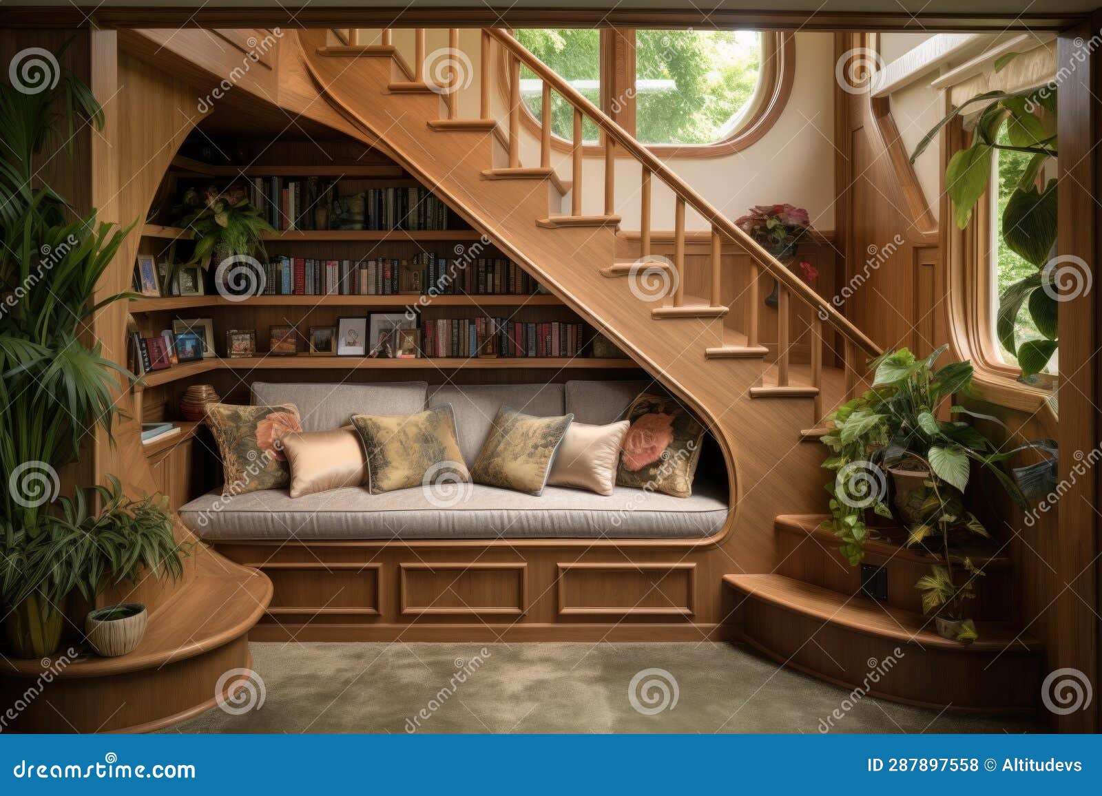 Bookcase and Reading Nook Beneath Staircase Stock Photo - Image of ...