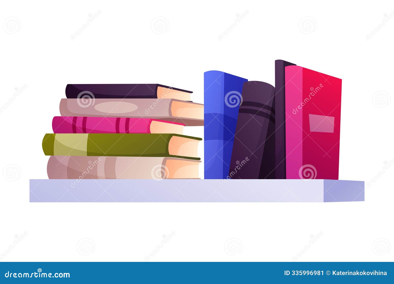 Bookcase Shelf with Stack of Colorful Books. Vector Isolated on White ...