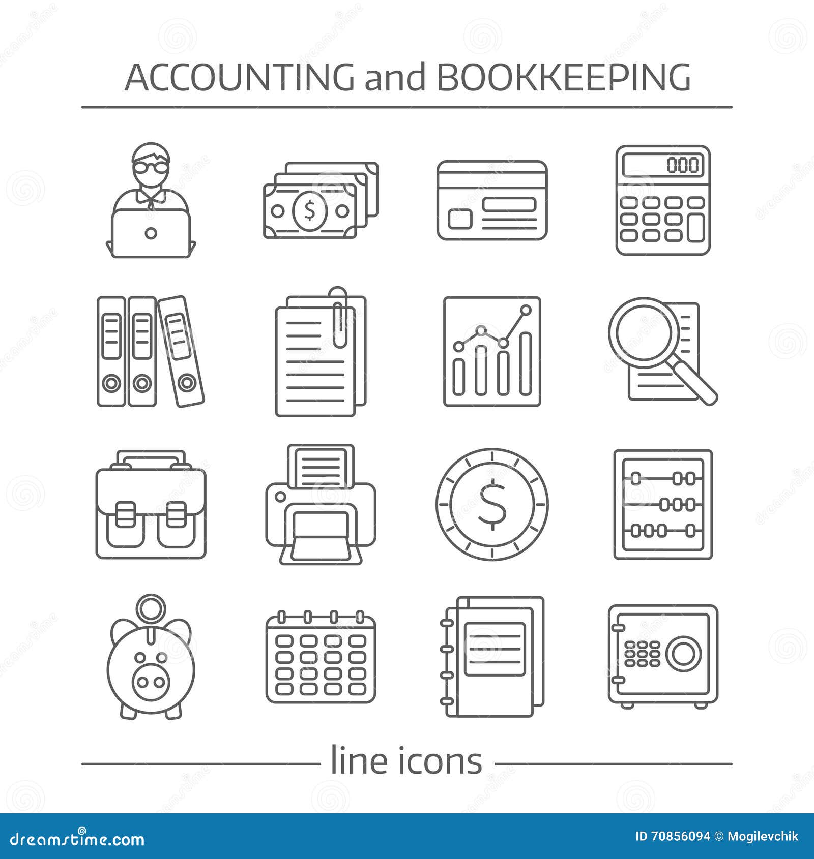 Bookkeeping Flat Line Icons Set Stock Vector - Illustration of chart ...