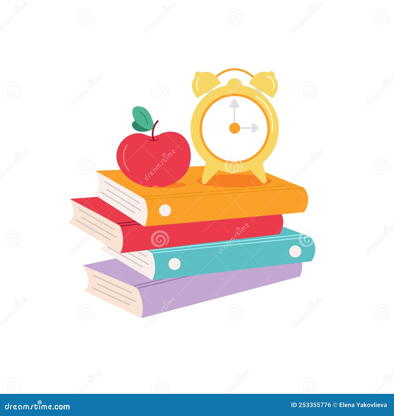 Books, Apple, Alarm Clock. School Design. Vector Illustration on White ...