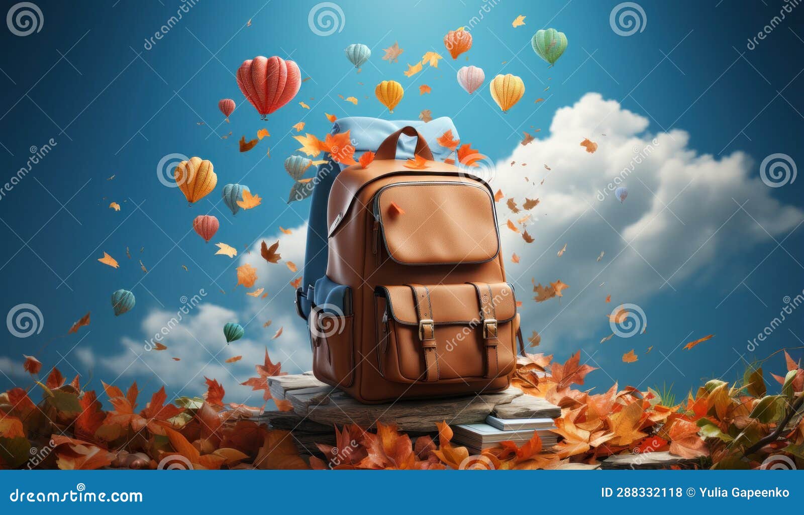Books with Backpack Over the Sky and Some Falling Leaves Stock Photo ...
