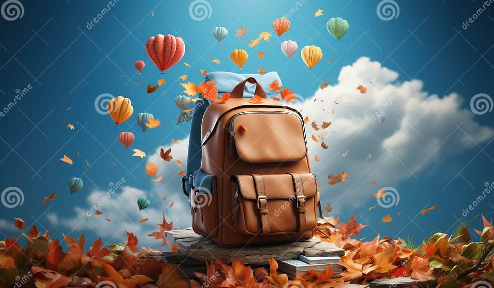 Books with Backpack Over the Sky and Some Falling Leaves Stock Photo ...