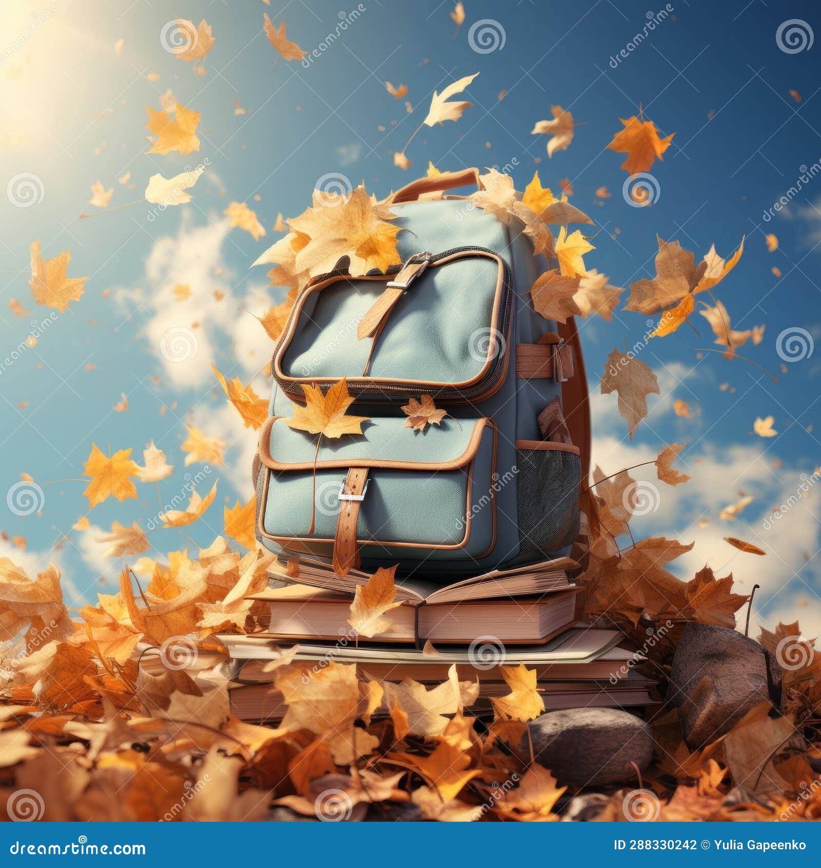 Books with Backpack Over the Sky and Some Falling Leaves Stock Photo ...