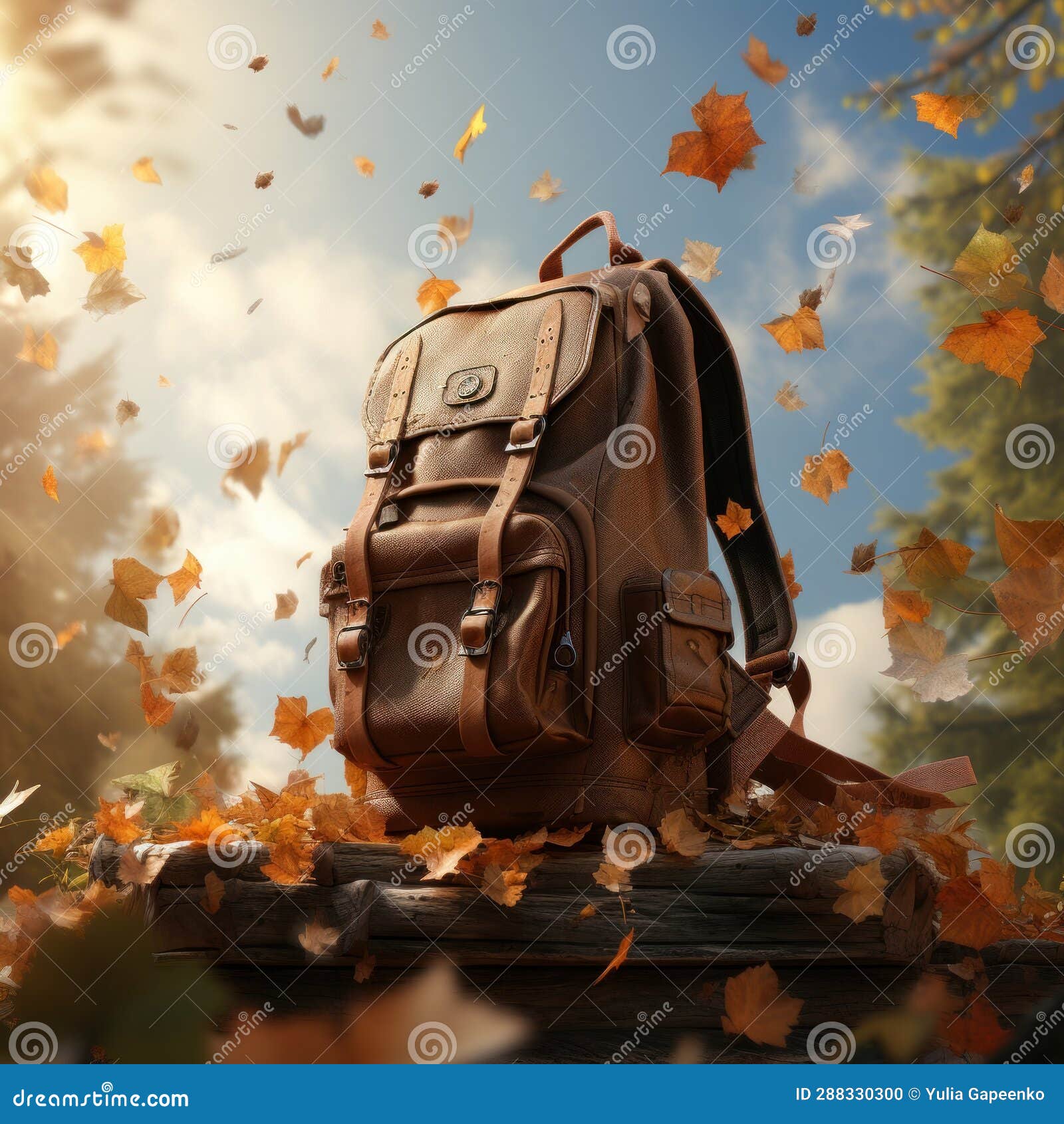 Books with Backpack Over the Sky and Some Falling Leaves Stock Photo ...