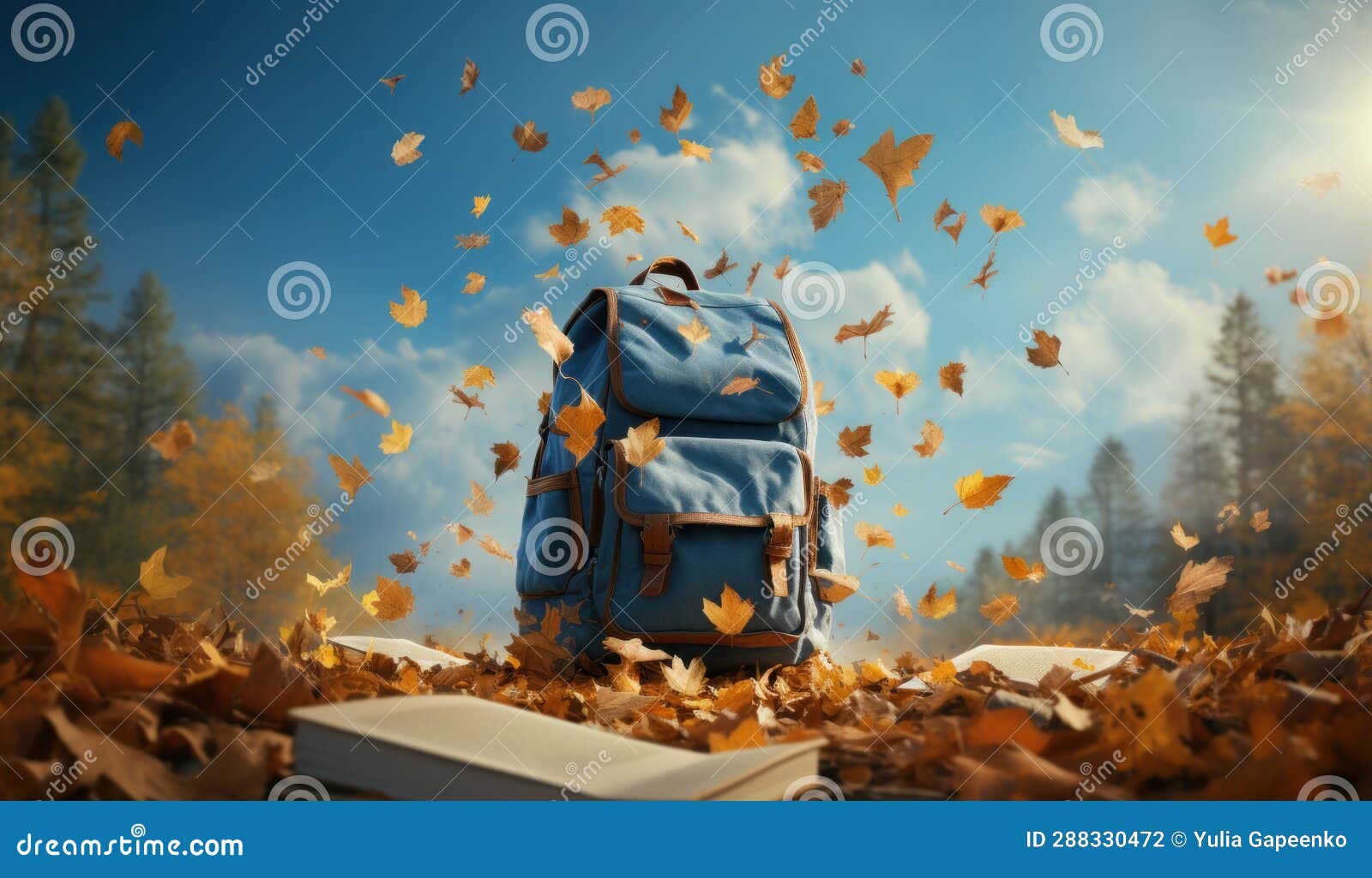 Books with Backpack Over the Sky and Some Falling Leaves Stock Photo ...
